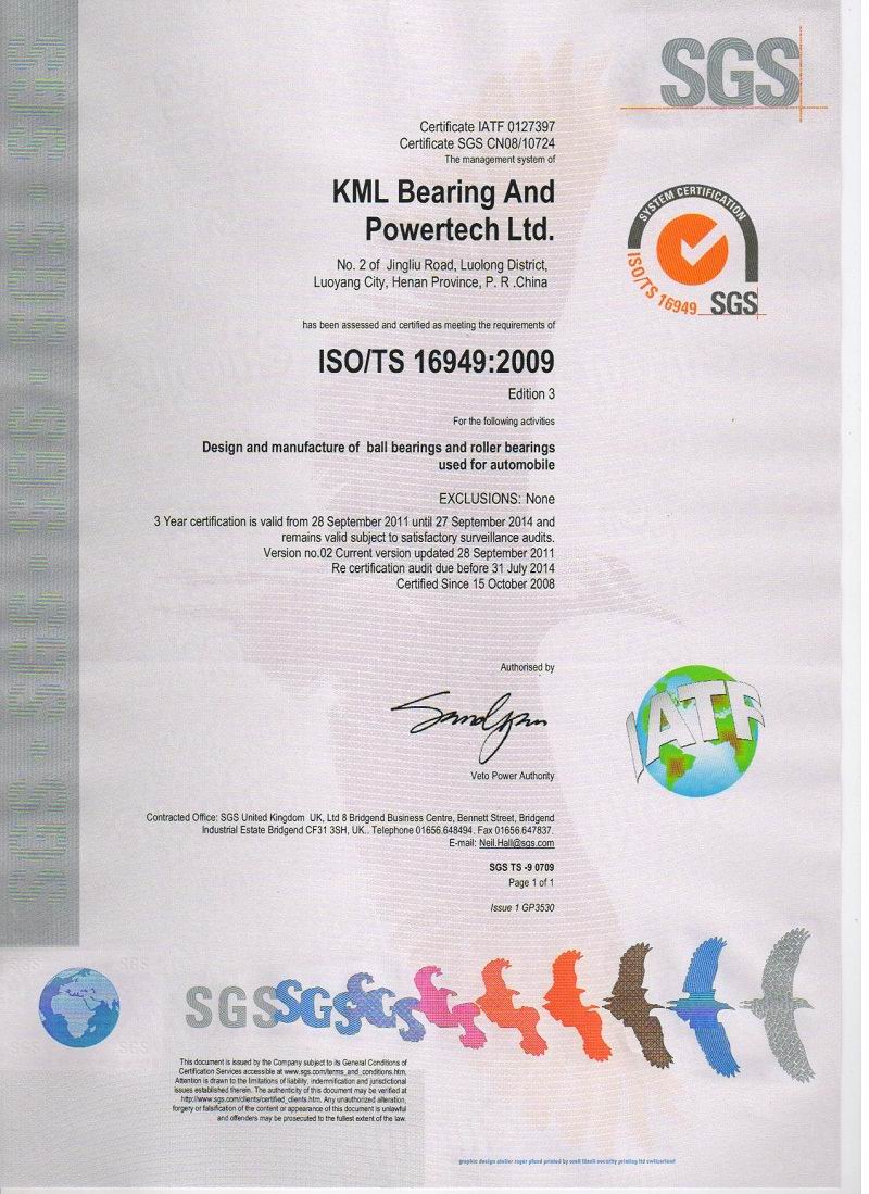 Certificates of KML Bearings and Equipment Ltd.